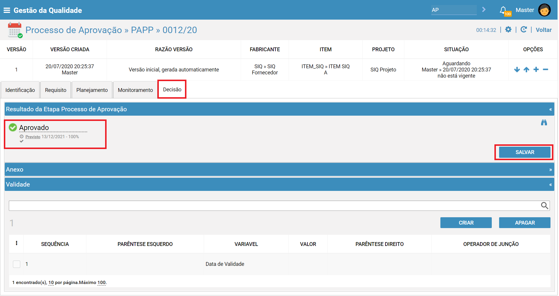Decisão do Processo de Aprovação – SIQ Systems