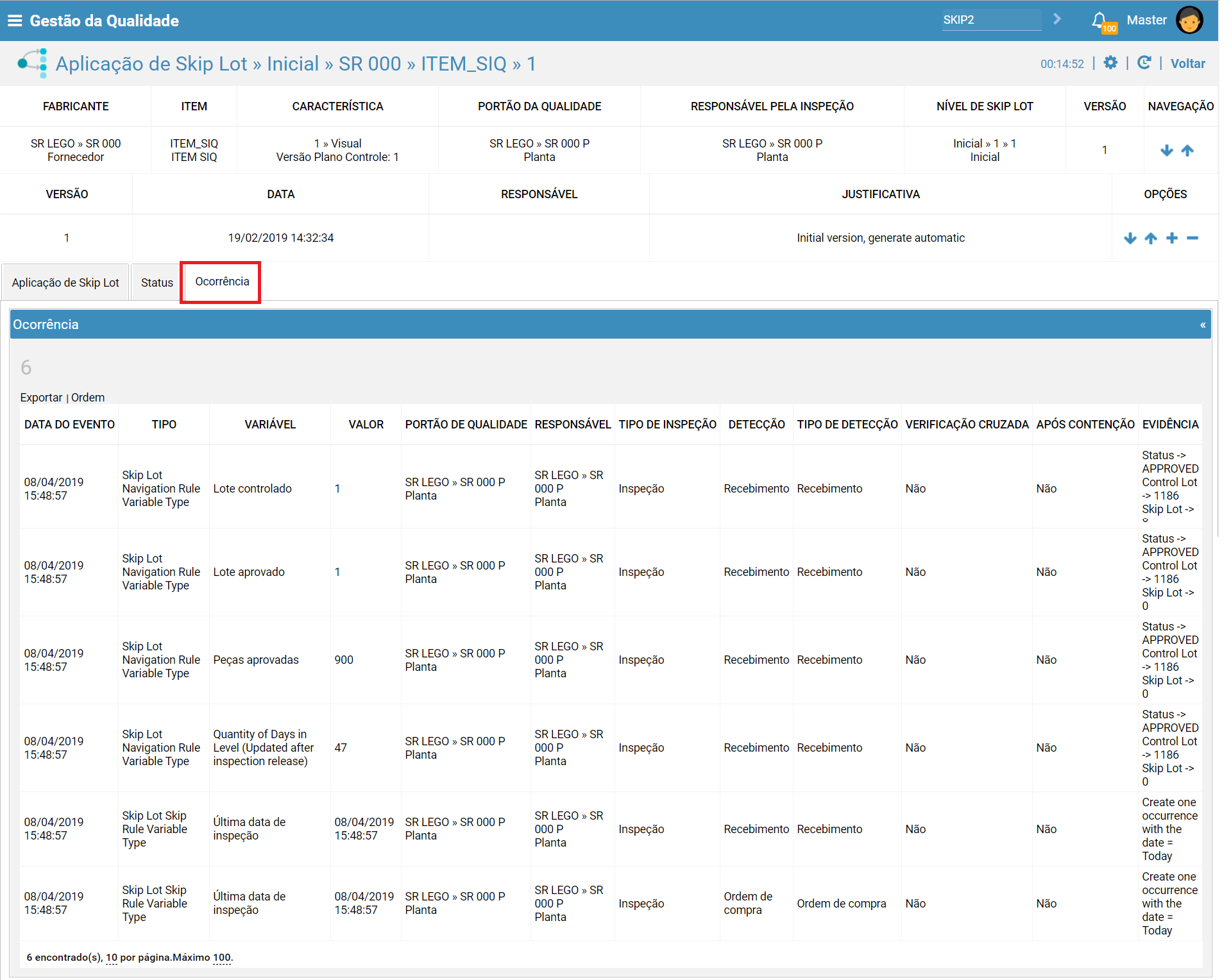 Ocorrência da Aplicação de Skip Lot – SIQ Systems